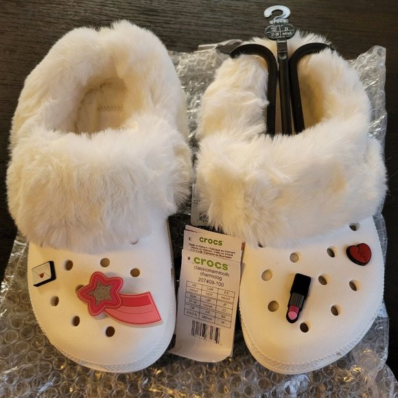 CROCS | Shoes | White Fuzzy Classic Mammoth Luxe Jibbitz Charm Crocs ...